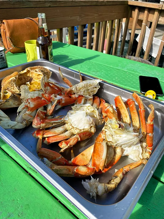 Dungeness crab anatomy 101: The metal tray is your classroom, those crackers are your textbooks, and butter is definitely your best friend.
