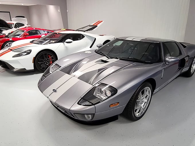 American ingenuity meets racing heritage: The Ford GT's iconic racing stripes pay homage to its Le Mans-winning ancestors while standing proudly among European exotics. 