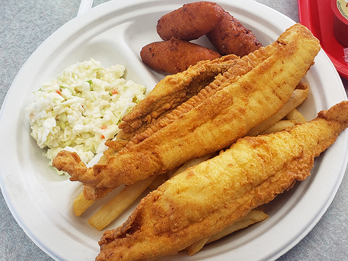 Golden flounder fillets that crackle when your fork hits them – this isn't just fried fish, it's edible sunshine.