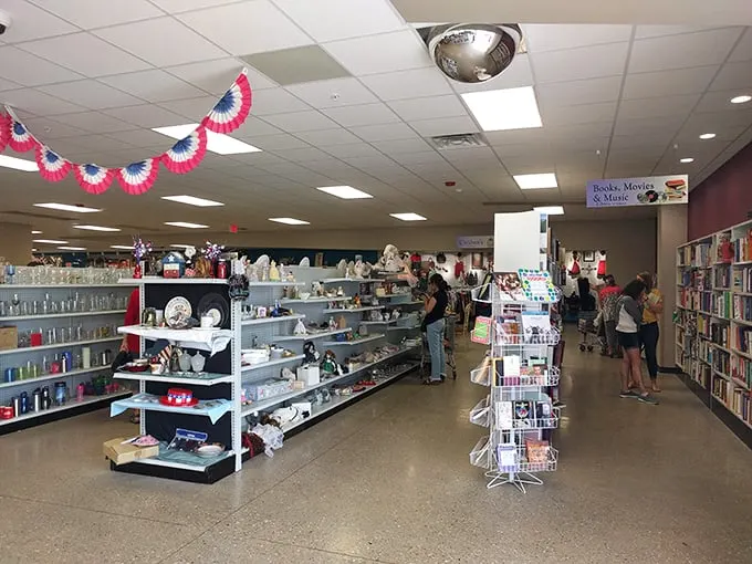 The housewares section is a mismatched paradise where vintage Pyrex meets modern mugs, creating a timeline of American kitchen history on a single shelf.