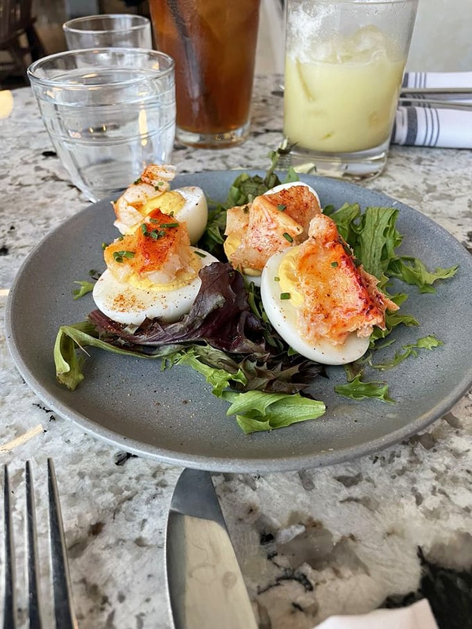 These lobster deviled eggs aren't just appetizers—they're tiny edible thrones where seafood royalty lounges atop creamy, tangy perfection.