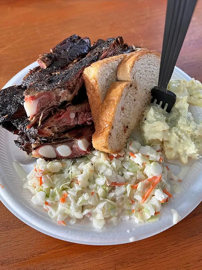 Ribs with that perfect smoke ring nestled against creamy coleslaw—a plate that makes you want to cancel all afternoon appointments.