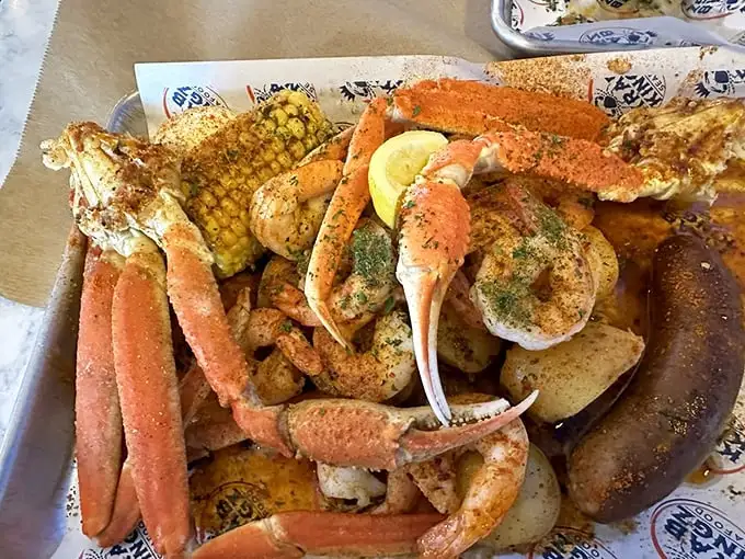 Snow crab legs, shrimp, corn, and potatoes arranged like edible artwork—a feast that transforms Springfield into a coastal getaway.