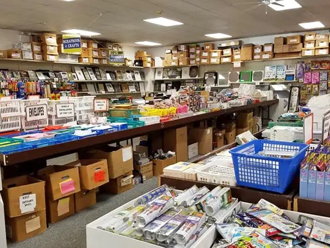 Where organization meets opportunity—shelves stacked with possibility and cardboard boxes holding who-knows-what waiting to be discovered.