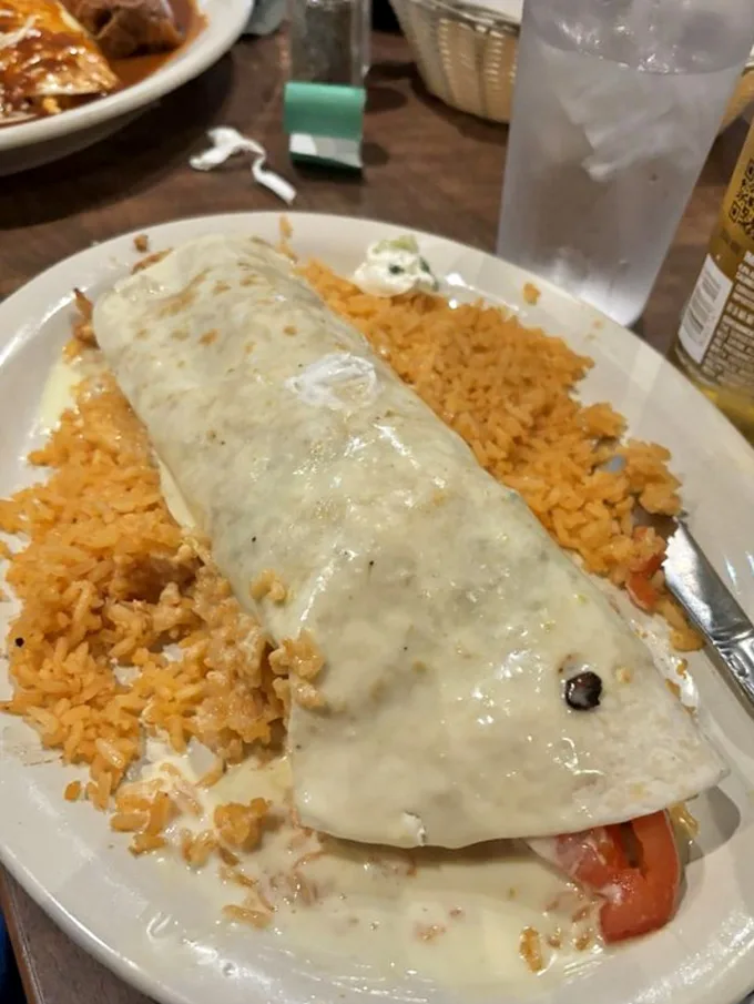 Not all heroes wear capes—some wear cheese sauce. This burrito, smothered in creamy goodness, might just solve all your problems.