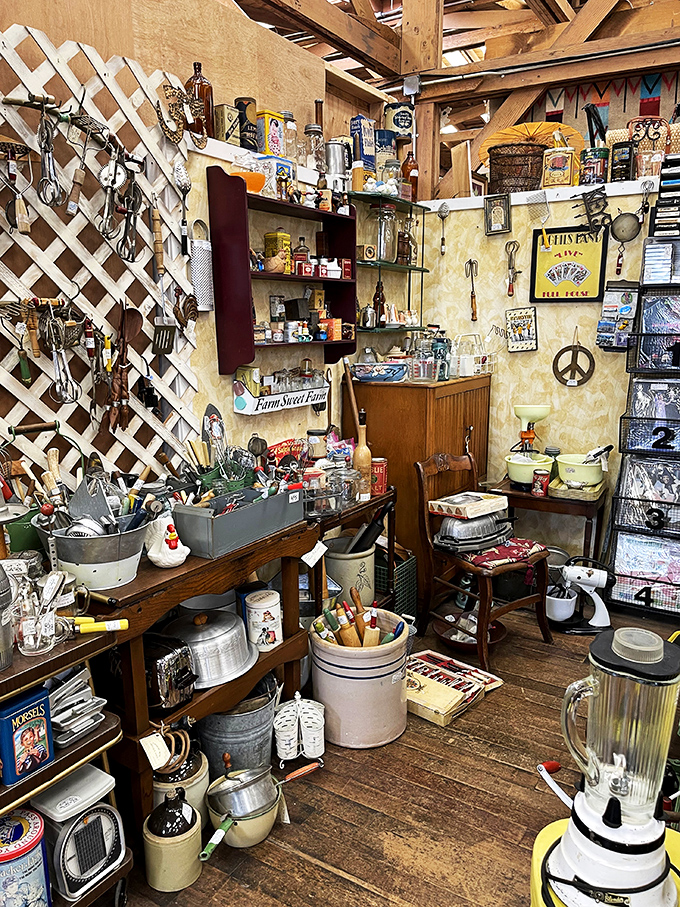 Kitchen nostalgia central—where lattice meets vintage cookware in a display that would make your grandmother say, "I had that exact blender!"