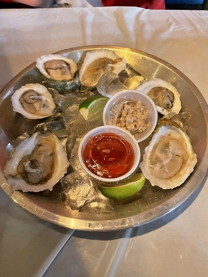 These oysters aren't just fresh—they're having their own little party on ice, complete with cocktail sauce and mignonette as the VIP guests.