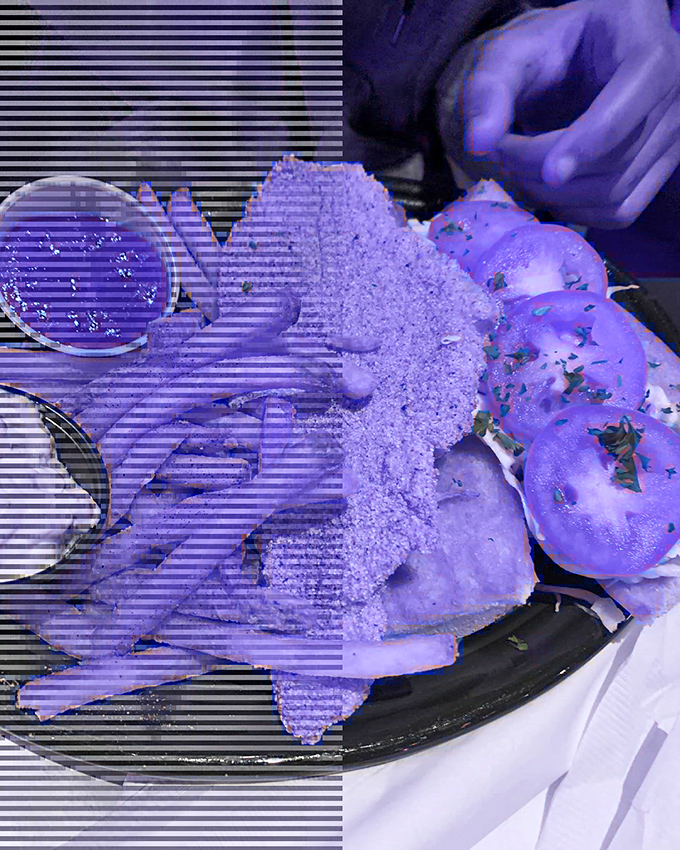 This image appears distorted, but I can see it features some type of breaded seafood dish presented with vibrant purple lighting effects.