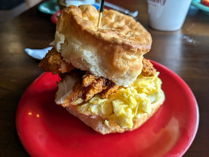 This breakfast sandwich doesn't just say good morning—it belts it out like Aretha Franklin, with that biscuit doing the heavy lifting.