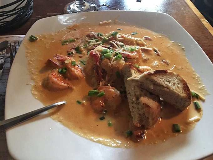 Shrimp and something creamy that beckons you to abandon all pretense of decorum and mop up every last drop with that crusty bread.