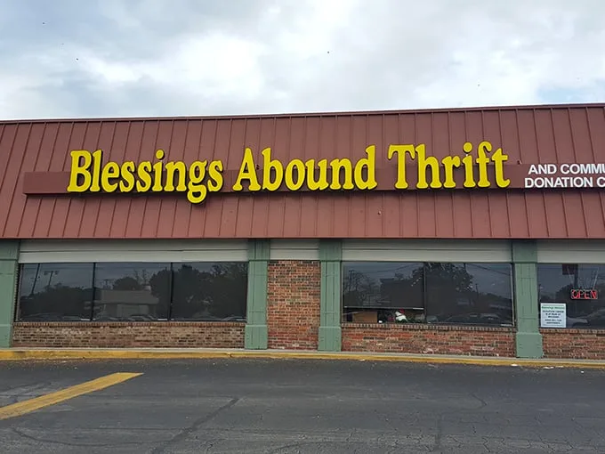 Blessings Abound indeed – this thrift mecca's rustic red roof shelters treasures waiting for their second act.