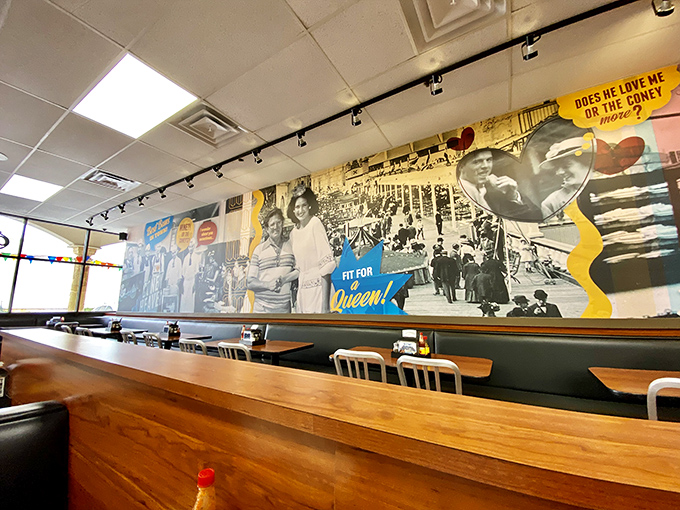 Vintage photos line the walls – a visual history lesson where the tuition is paid in hot dogs and satisfied smiles.