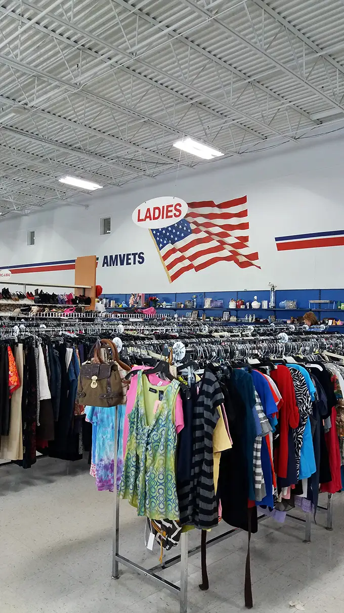 The clothing section runs on military precision – red, white, and blue patriotism watching over an ever-changing inventory of fashion possibilities.