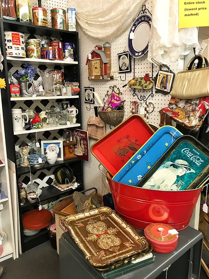 Vintage trays and collectibles create a nostalgic wonderland—spot that Coca-Cola tray that would make any collector's heart skip a beat.