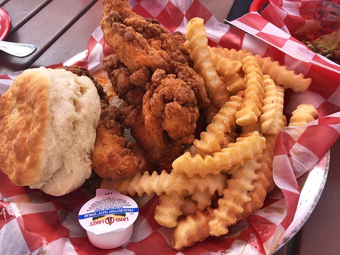Golden-fried chicken strips and crinkle-cut fries—proof that sometimes the simplest pleasures are the ones that make you close your eyes and sigh contentedly.