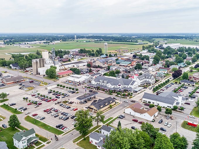 From above, Corydon reveals its perfect small-town layout, with historic buildings clustered around the town square like guests at a family reunion.