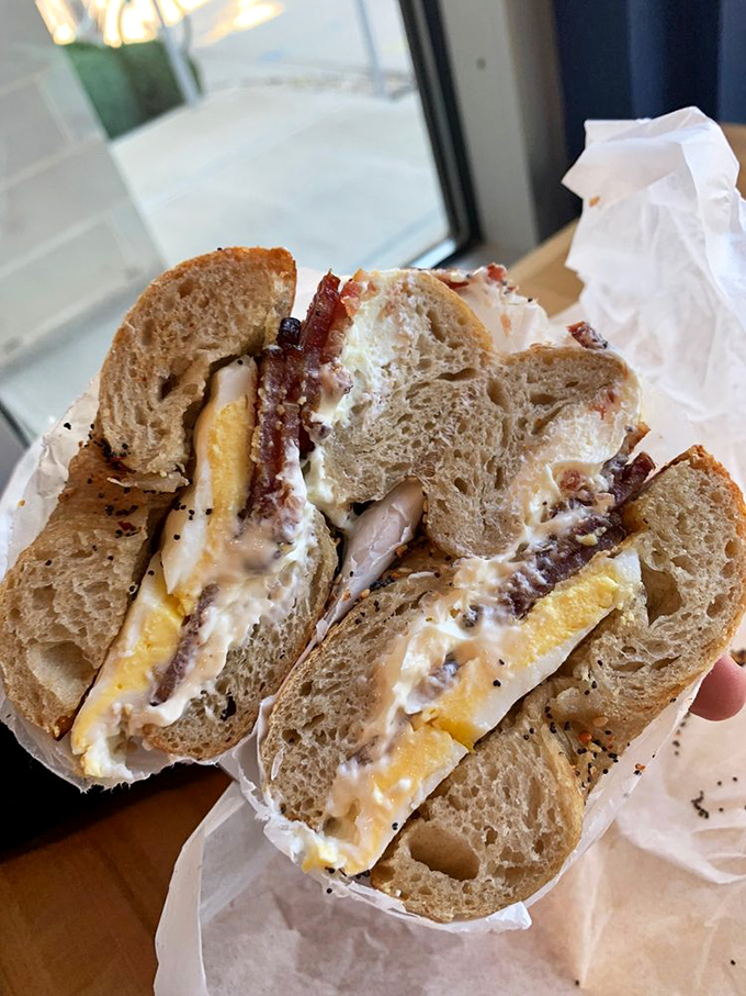 The BECKY B sandwich in all its glory—where eggs, cheese, and bacon achieve a harmony that would make the Vienna Boys Choir jealous.