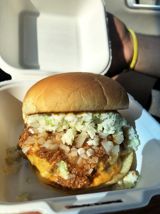 The legendary Bobo Chili Cheeseburger in all its messy glory. Some sandwiches you eat; this one you experience.