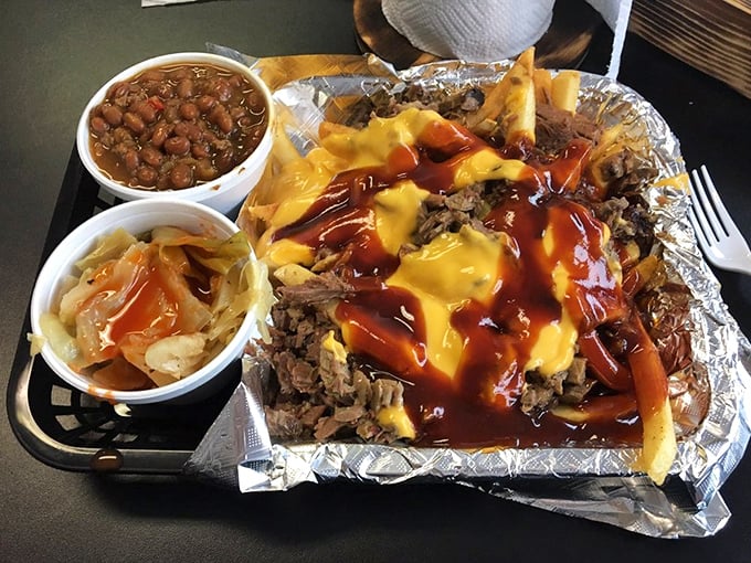 These loaded nachos aren't messing around—a mountain of pulled meat, cheese, and sauce that turns chip-and-dip into a full-contact sport.