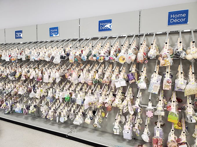 The home décor section dangles possibilities like ornaments on a tree. Each bagged treasure represents someone's perfect finishing touch waiting to be discovered.