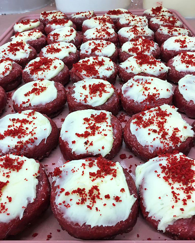 These red velvet beauties aren't just donuts; they're formal wear for your taste buds, dressed with cream cheese icing and ready for their close-up.
