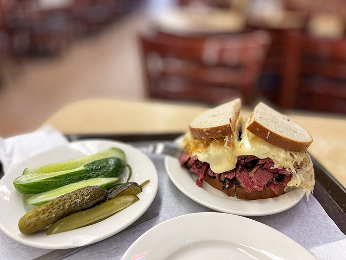 The perfect pastrami sandwich with its faithful sidekick – half-sour pickles. A relationship more dependable than most Hollywood marriages.