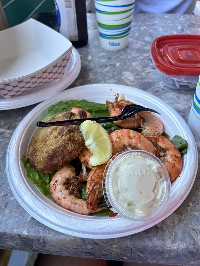 The perfect marriage – plump local shrimp and a crab cake sharing a plate like old friends reuniting for a beach weekend.