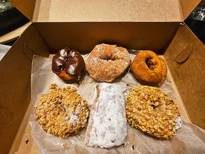The donut box—nature's most perfect container. Six different paths to happiness, arranged with the precision of delicious edible art.