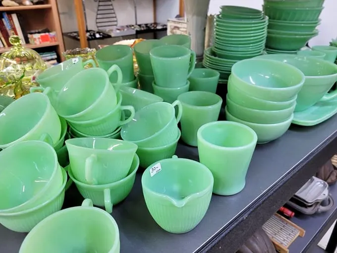 That distinctive jade-green glassware isn't just kitchenware—it's mid-century memories of family gatherings and holiday meals served with retro flair.