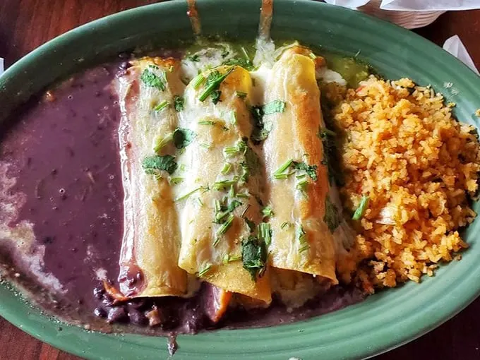 Enchiladas bathed in green sauce with a sprinkle of fresh herbs—like a spa treatment for your taste buds. The rice isn't a side; it's a co-star.