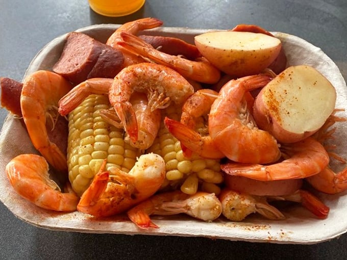 Lowcountry boil done right—where the shrimp, sausage, corn, and potatoes have clearly been introduced and become best friends.