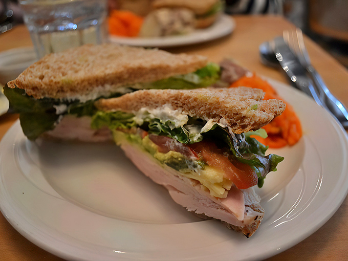 This isn't just a turkey sandwich—it's architecture with avocado, crisp lettuce, and tomato between perfectly toasted bread.