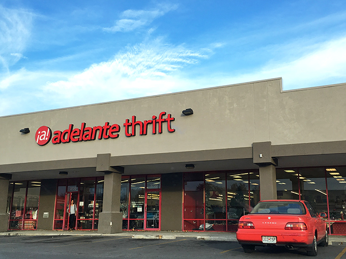 Adelante Thrift's bold red signage cuts through Kansas City's landscape like a chile pepper in comfort food.