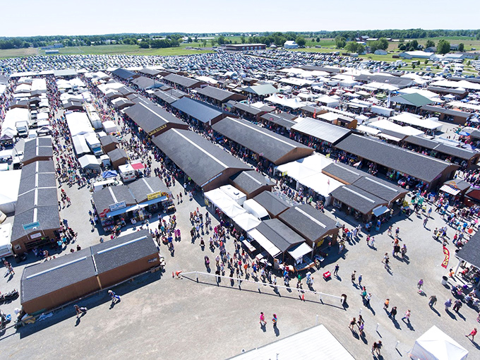 The aerial view of Shipshewana reveals what bargain hunters already know: this isn't just a market, it's a small city of treasures.