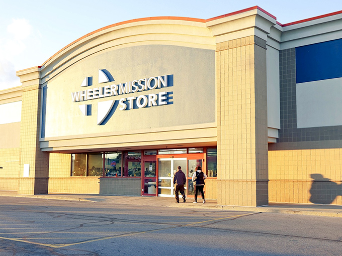 The blue and white façade of Wheeler Mission Store—where hotel furniture goes for its retirement tour.