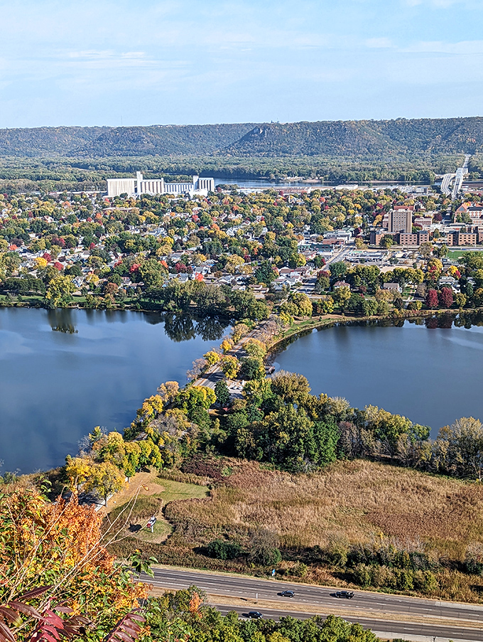 Winona: From this rocky overlook, the entire town unfolds below like a living map, with the river winding its way through the landscape.