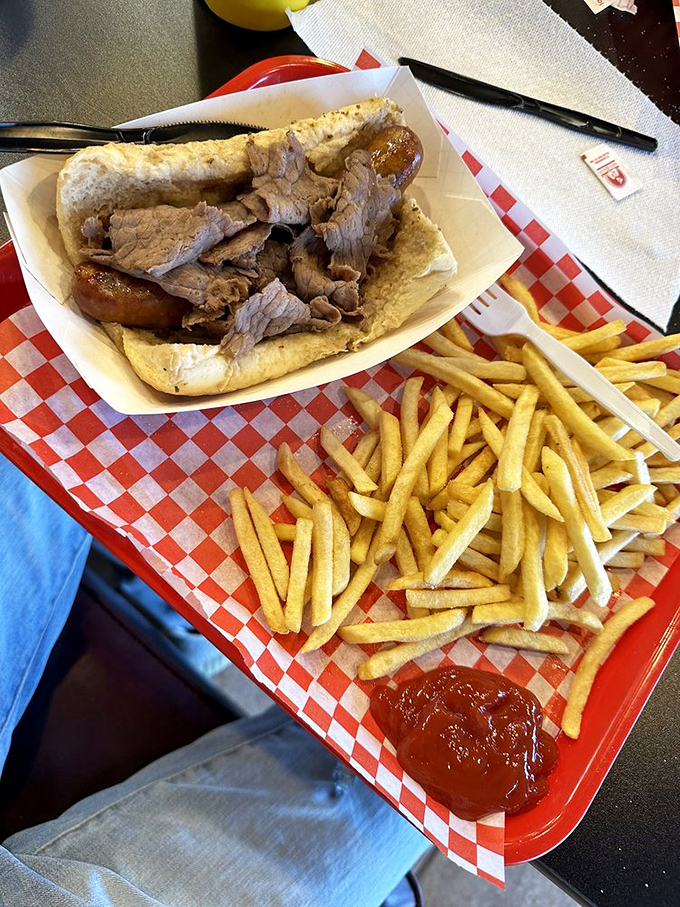 Behold, the Italian beef in its natural habitat – gloriously messy, unapologetically flavorful, and demanding both hands and several napkins.