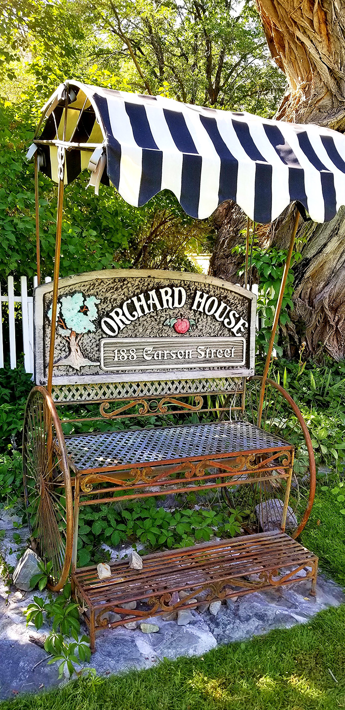 The Orchard House's whimsical garden bench invites visitors to sit awhile and contemplate life's pleasures beneath cottonwood shade.