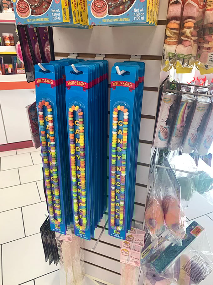 "World's Biggest" candy necklaces hang like sugary medals of honor. Wearing one is both fashion statement and emergency snack supply.