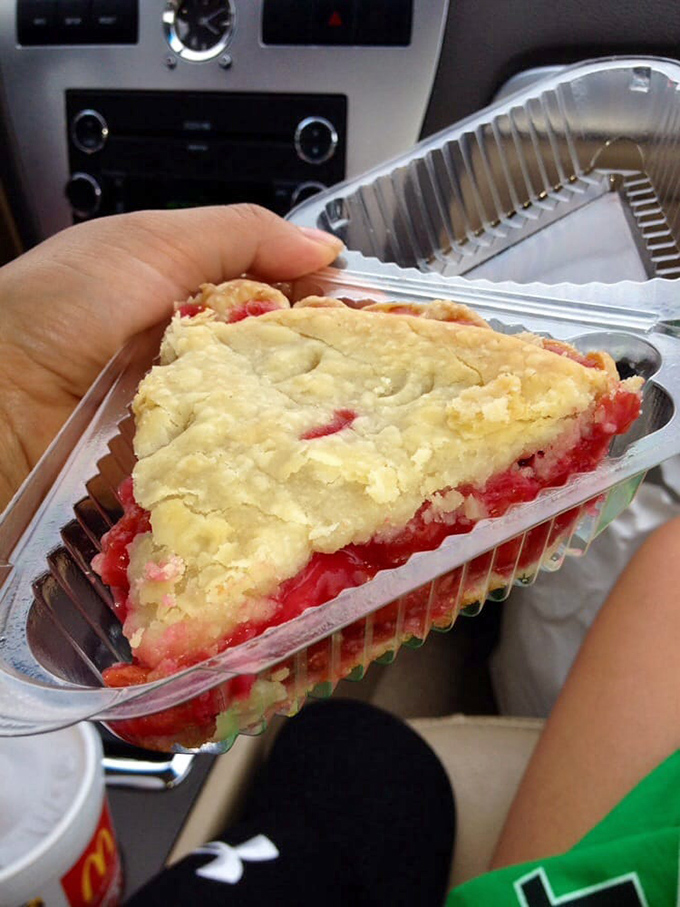 Taking this cherry pie to-go is like carrying liquid ruby treasure. The perfect dashboard dining experience for when you simply can't wait another mile.