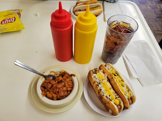 Condiment bottles standing at attention like loyal soldiers, ready to enhance—but never overshadow—the star of the show.