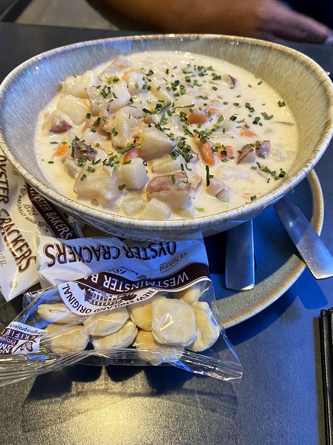 Chowder so authentic it needs a passport. Garnished with fresh chives and accompanied by oyster crackers—because some traditions are sacred.
