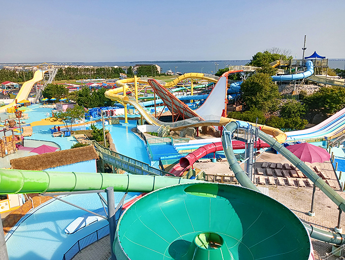 A kaleidoscope of slides creates a waterpark skyline more exciting than any downtown—and with significantly more opportunities to get soaked.