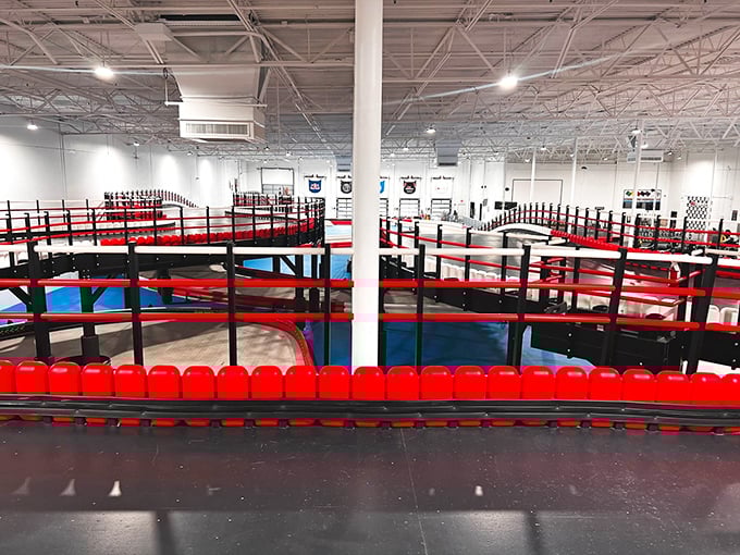 Engineering meets entertainment in K1 Speed's multi-level track design. The architects clearly understood that going downhill adds an extra thrill factor.