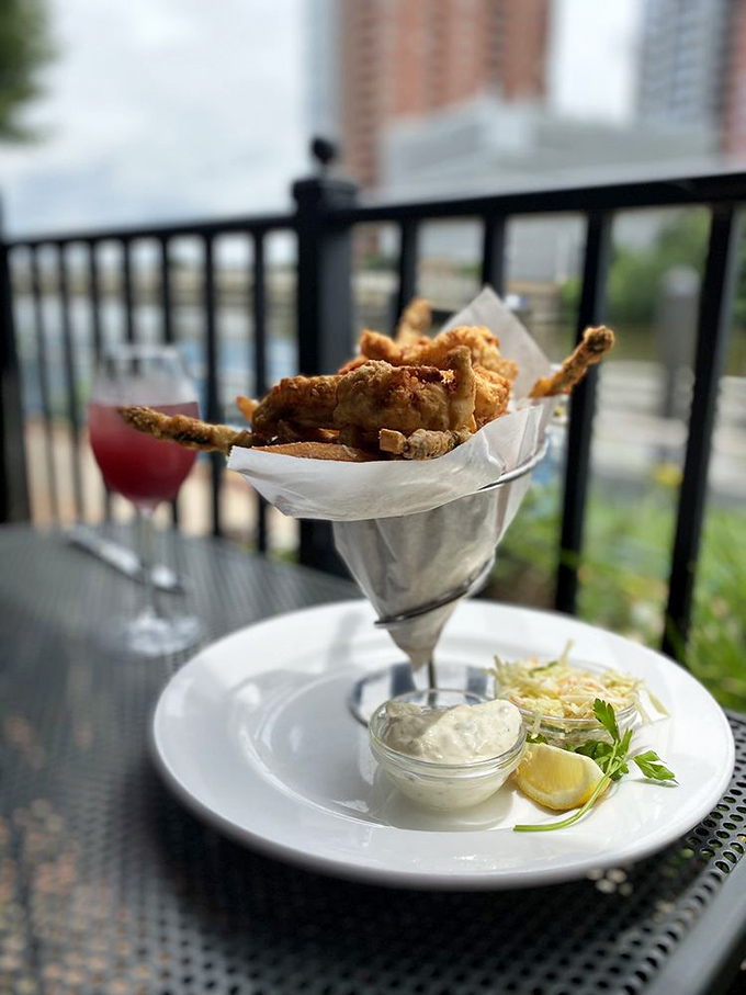 Fried seafood on the patio—where crispy meets creamy and every bite comes with a side of riverfront views.