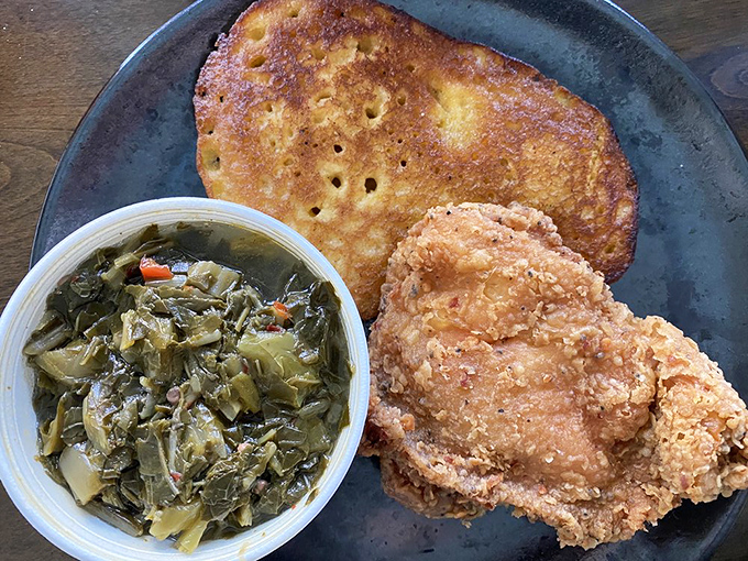 Cornbread, collards, and chicken – the Southern trifecta that makes you wonder why you'd ever eat anything else.