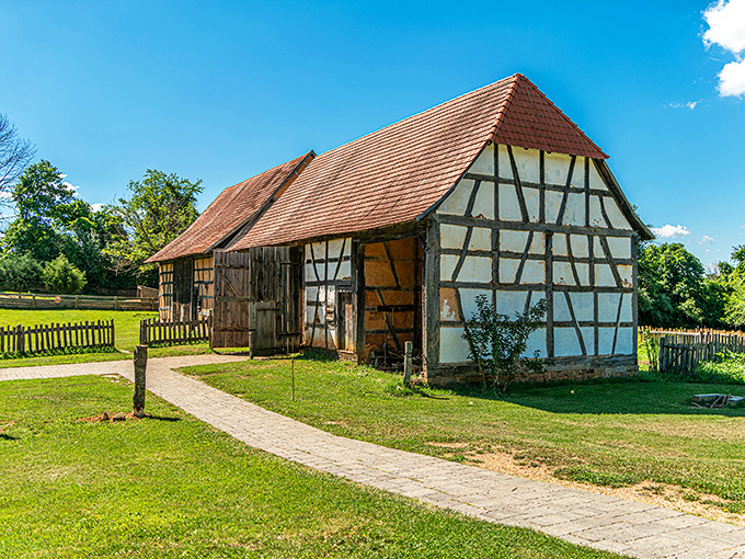 This timber-framed wonder at the Frontier Culture Museum shows how German settlers brought architectural traditions across the Atlantic—home is where the half-timber is!