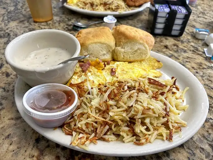 Breakfast perfection on a plate. Those hash browns are the crispy, golden supporting actors that deserve their own Oscar.
