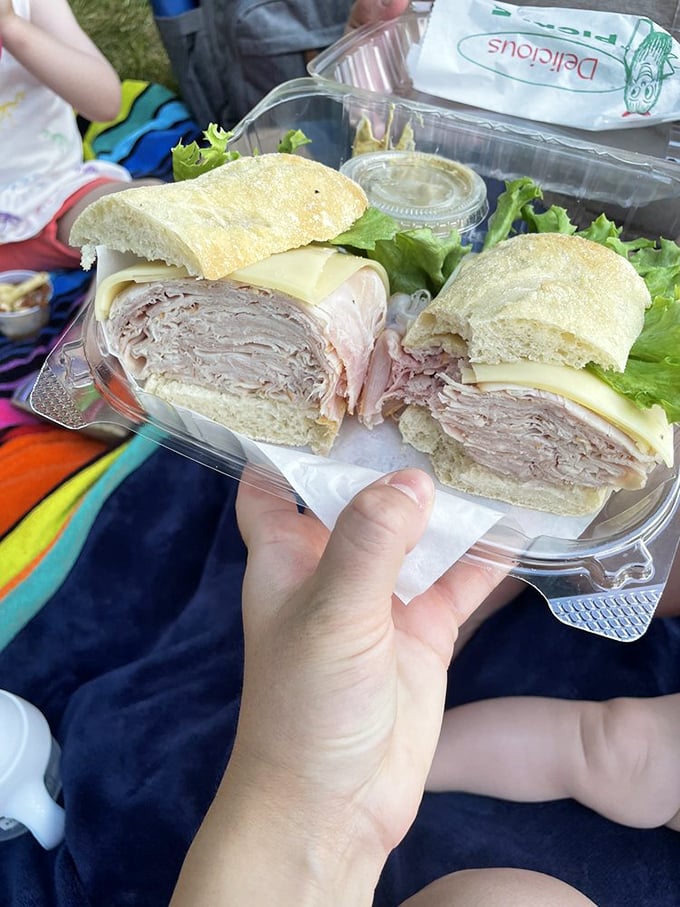 Picnic perfection captured in plastic—layers of ham and cheese that make ordinary sandwiches look like they're not even trying.