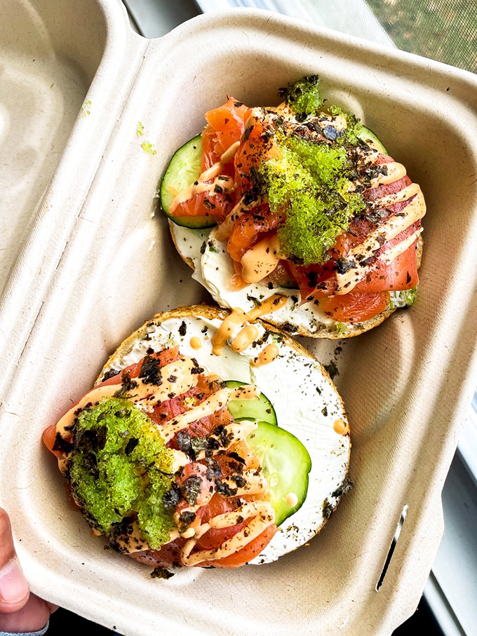 Lox, cream cheese, cucumber, and those vibrant microgreens—this open-faced masterpiece is what bagels dream of becoming when they grow up.